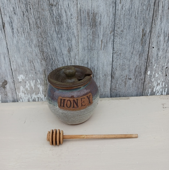 Kitchen | Handcrafted Stoneware Pottery Honey Pot Jar With Lid And Wood ...